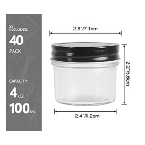 EkkoVla 40 Pack 4 oz Glass Jars with Black Lids, Regular Mouth Mini Mason Jar, Canning Jars for Baby Food, Honey, Jam, Jelly, Wedding Favor, Shower Favor, Body Butters, Spice