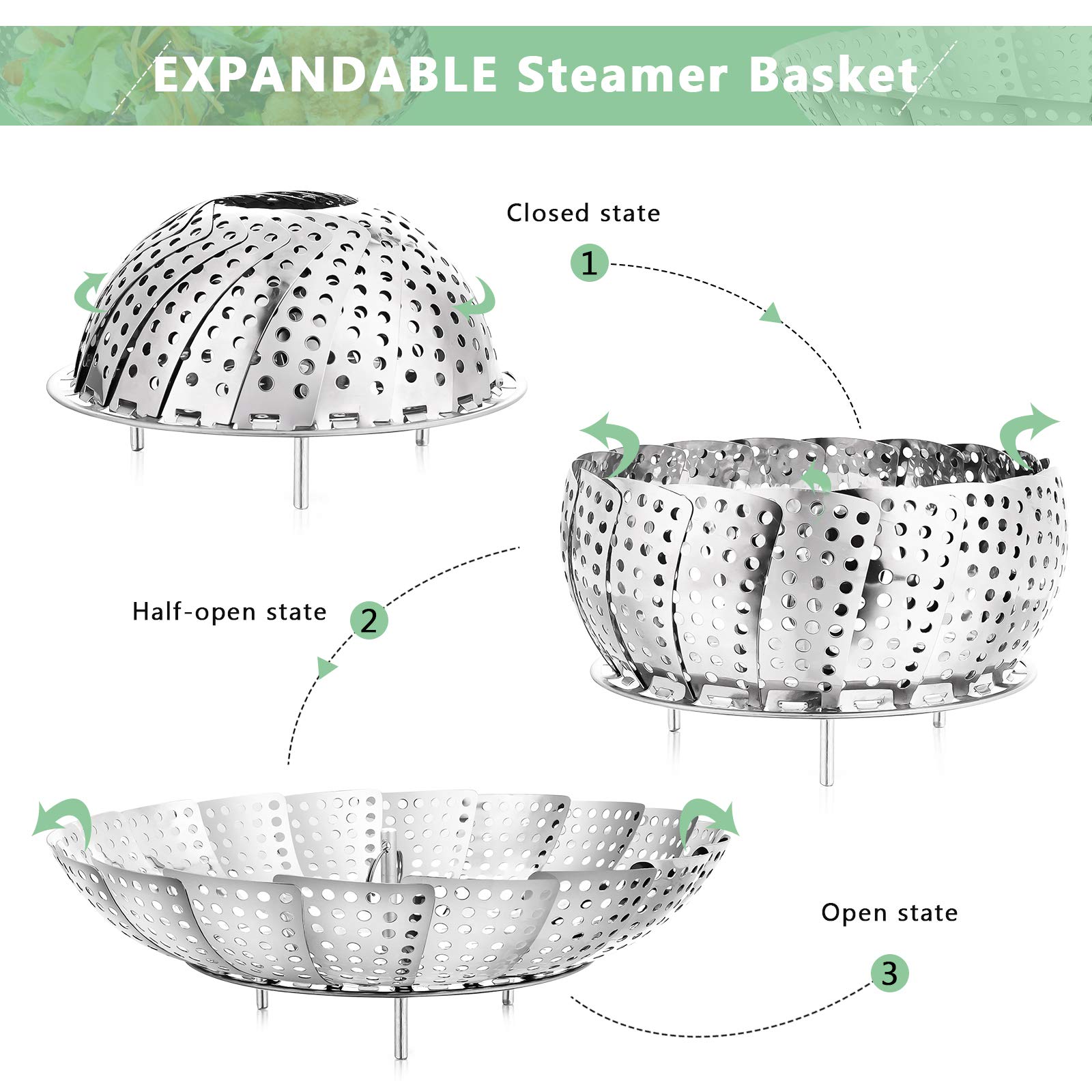 Buylorco Steamer Basket Stainless Steel Folding Vegetable Steamer Insert Steamer Cookware for Veggie Seafood Cooking (fit pots for 5" to 9")