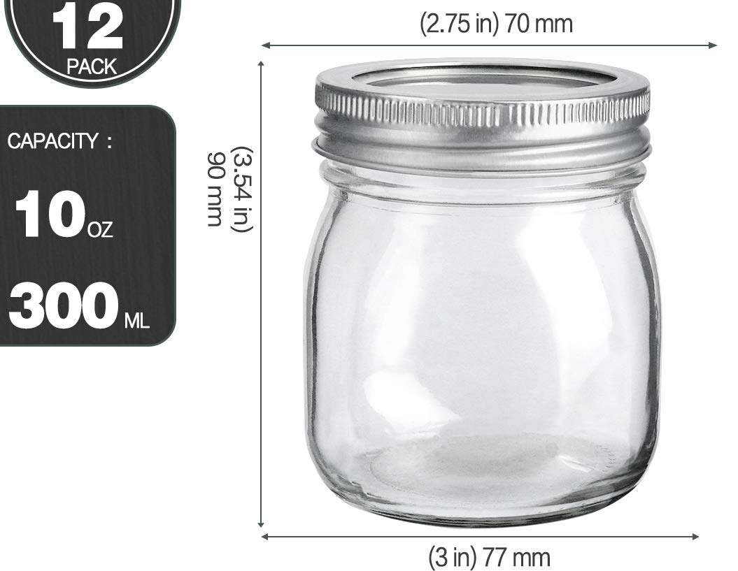 KAMOTA Mason Jars 10 oz With Regular Lids and Bands, Ideal for Jam, Honey, Wedding Favors, Shower Favors,DIY Spice Jars, 12 PACK, 20 Whiteboard Labels Included