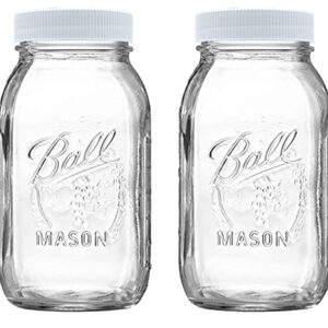 Regular Mouth Mason Jars 32 oz - (2 Pack) - Ball Regular Mouth 32-Ounces Quart Mason Jars with White M.E.M Food Storage Plastic Lids, Caps Fit Ball and Kerr Regular Mouth - For Storage, Freezing, Leak