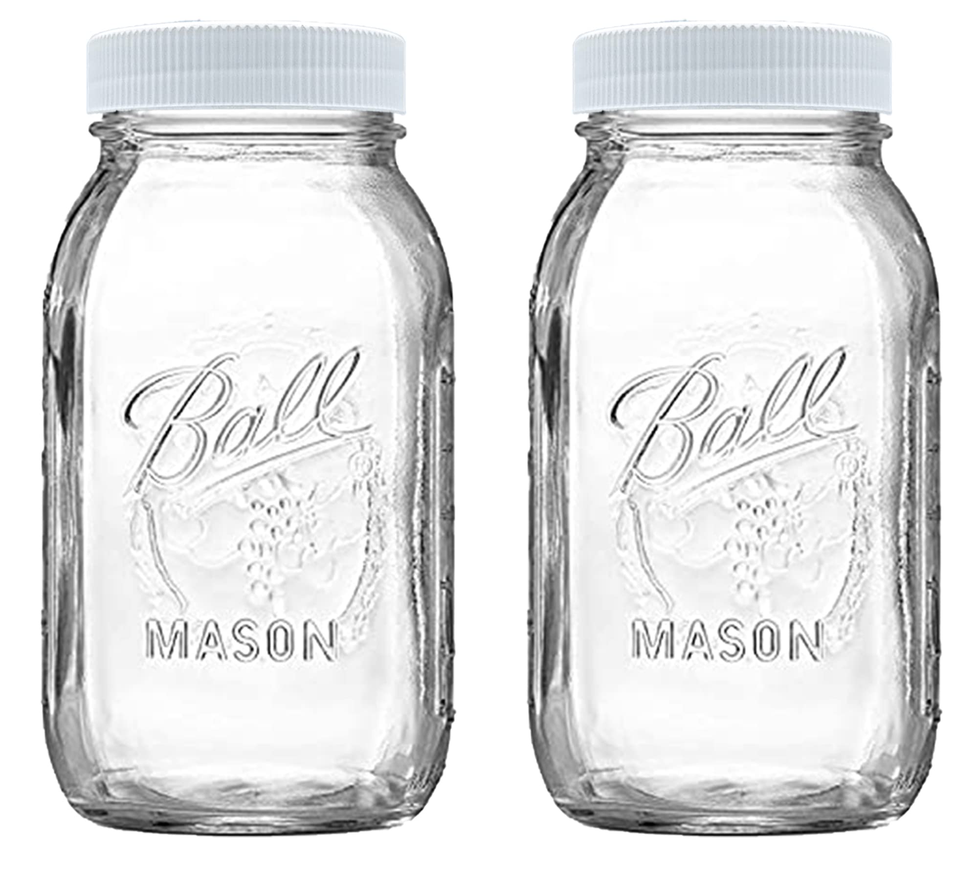 Regular Mouth Mason Jars 32 oz - (2 Pack) - Ball Regular Mouth 32-Ounces Quart Mason Jars with White M.E.M Food Storage Plastic Lids, Caps Fit Ball and Kerr Regular Mouth - For Storage, Freezing, Leak