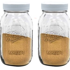 Regular Mouth Mason Jars 32 oz - (2 Pack) - Ball Regular Mouth 32-Ounces Quart Mason Jars with White M.E.M Food Storage Plastic Lids, Caps Fit Ball and Kerr Regular Mouth - For Storage, Freezing, Leak