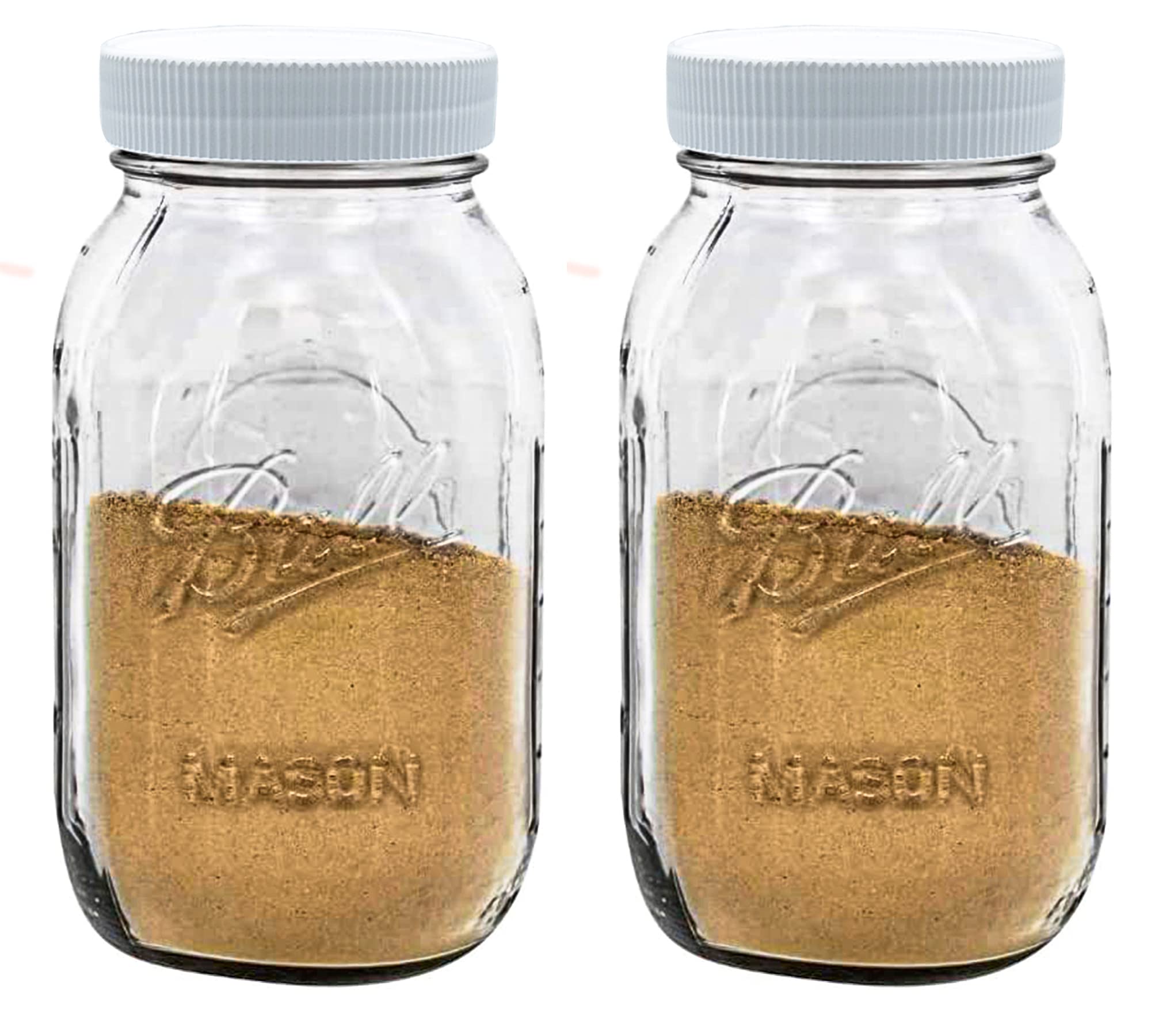 Regular Mouth Mason Jars 32 oz - (2 Pack) - Ball Regular Mouth 32-Ounces Quart Mason Jars with White M.E.M Food Storage Plastic Lids, Caps Fit Ball and Kerr Regular Mouth - For Storage, Freezing, Leak