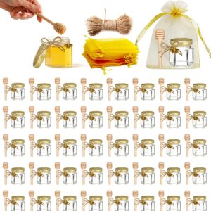 Adabocute 40-Count 1.5 oz Mini Hexagonal Glass Honey Jars - Small with Wooden Dippers, Bee Charms, Gold Gift Bags and Jutes Lids for Baby Shower, Wedding Party Favors