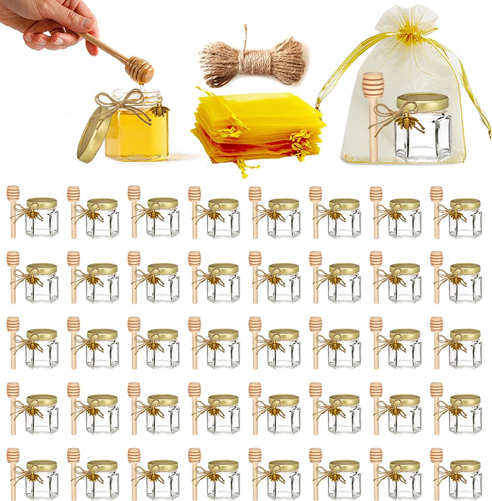 Adabocute 40-Count 1.5 oz Mini Hexagonal Glass Honey Jars - Small with Wooden Dippers, Bee Charms, Gold Gift Bags and Jutes Lids for Baby Shower, Wedding Party Favors