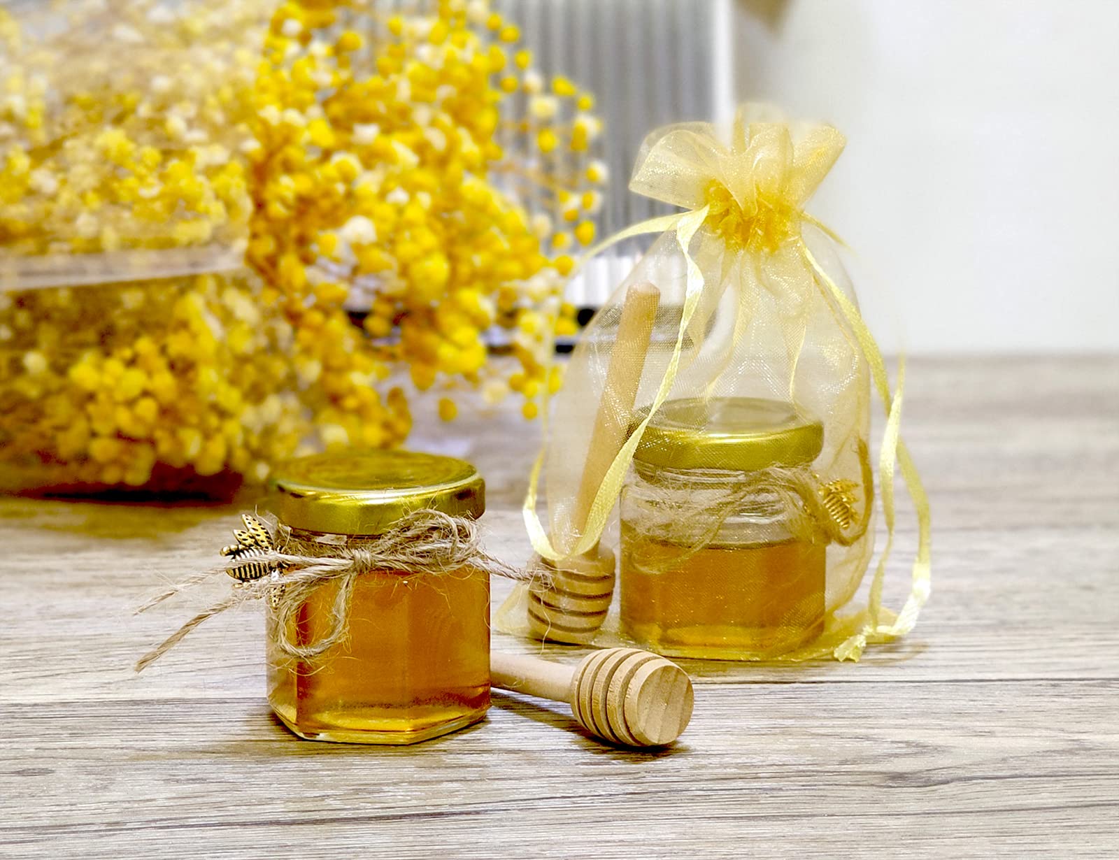 Adabocute 40-Count 1.5 oz Mini Hexagonal Glass Honey Jars - Small with Wooden Dippers, Bee Charms, Gold Gift Bags and Jutes Lids for Baby Shower, Wedding Party Favors