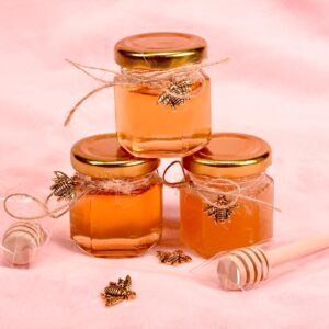 Adabocute 40-Count 1.5 oz Mini Hexagonal Glass Honey Jars - Small with Wooden Dippers, Bee Charms, Gold Gift Bags and Jutes Lids for Baby Shower, Wedding Party Favors