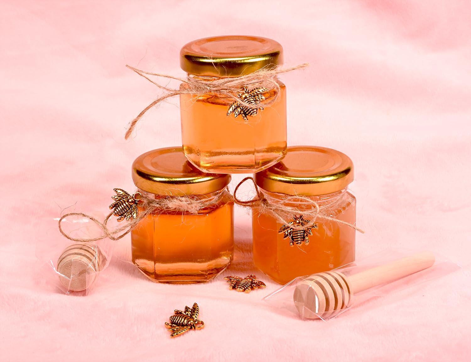 Adabocute 40-Count 1.5 oz Mini Hexagonal Glass Honey Jars - Small with Wooden Dippers, Bee Charms, Gold Gift Bags and Jutes Lids for Baby Shower, Wedding Party Favors