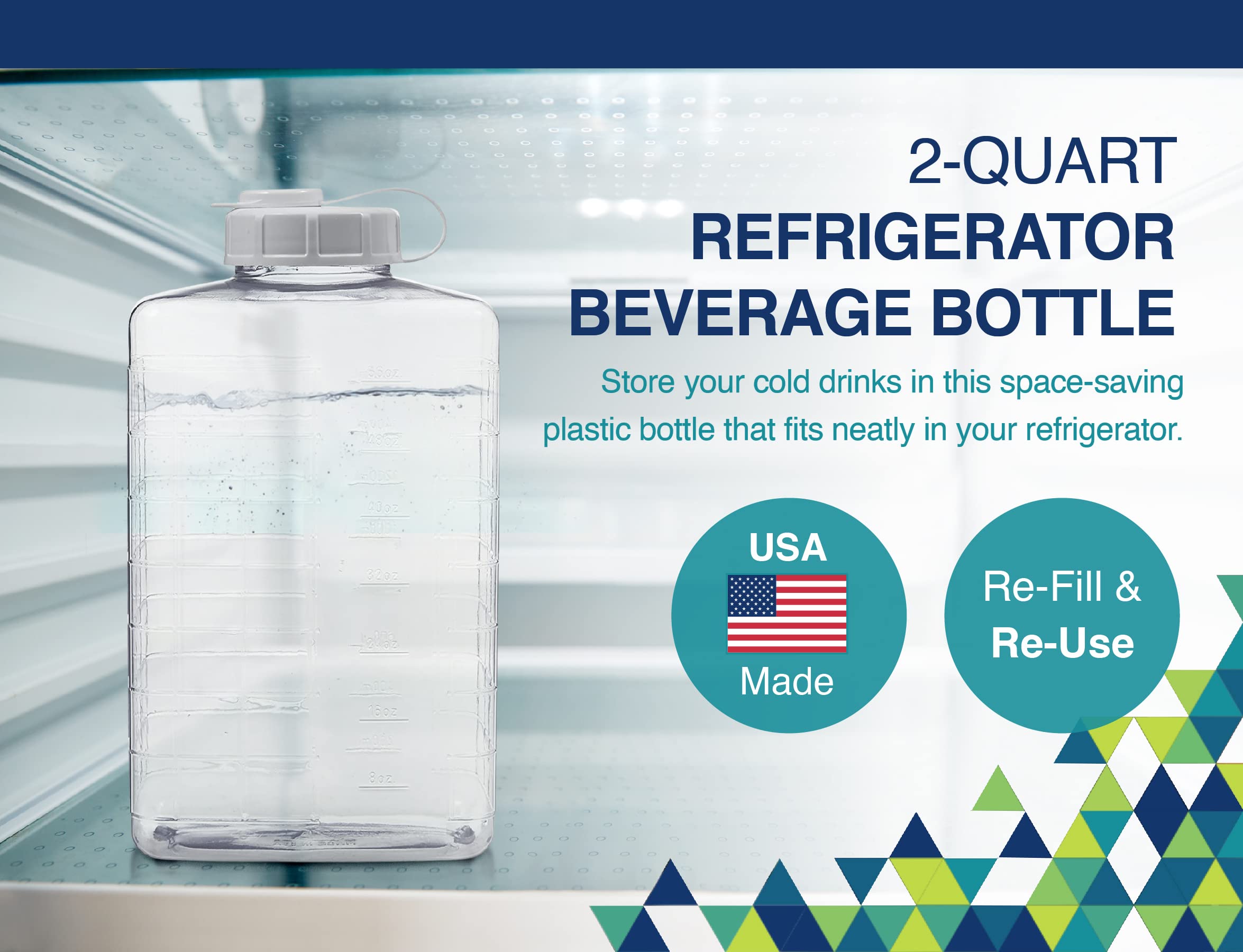 Arrow 2 Qt Bottle with Cap for Cold Drinks - Clear View Plastic Refrigerator Bottle with Easy-Pour Spout and Graduated Markings - Made in USA, BPA Free Plastic - Ideal for Water, Iced Tea, Juice