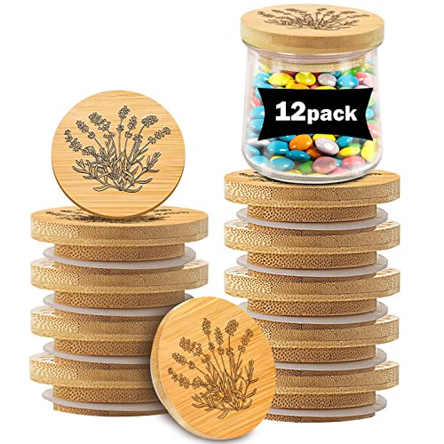 12 Pack Reusable Bamboo Wooden Lids with Silicone Sealing Rings Perfect Airtight for Oui Yogurt Jars Lavender Pattern