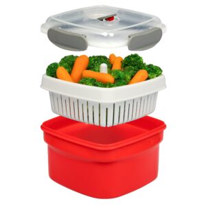 microwave cookware steamer- 3 piece microwave cooker w food container, removable strainer and locking steam vent lid- bpa free, fridge and freezer safe | 1.3 liters, 6x6x4 inches