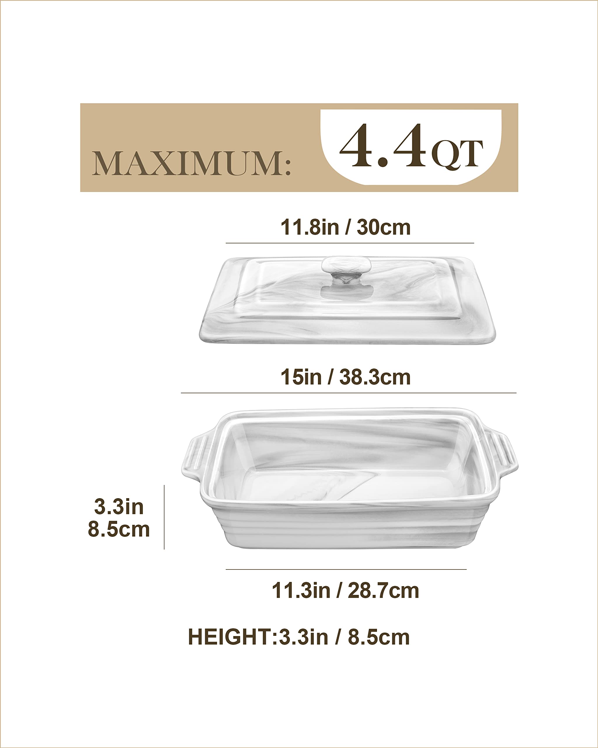 MALACASA Large Casserole Dish with Lid, 4.4 Quart Ceramic Baking Dish for Oven, 13 x 9 Lasagna Pan Deep with Lid, Microwave, Dishwasher Safe, Series BAKE-GREY