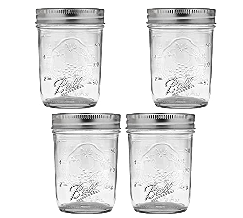 Regular Mouth Mason Jar 8 oz - (4 Pack) - Ball Regular Mouth Mason Jars With Airtight lids and Bands - For Canning, Fermenting, Pickling, Freezing - Glass jar, Microwave & Dishwasher Safe