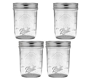 regular mouth mason jar 8 oz - (4 pack) - ball regular mouth mason jars with airtight lids and bands - for canning, fermenting, pickling, freezing - glass jar, microwave & dishwasher safe