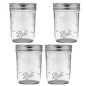 Regular Mouth Mason Jar 8 oz - (4 Pack) - Ball Regular Mouth Mason Jars With Airtight lids and Bands - For Canning, Fermenting, Pickling, Freezing - Glass jar, Microwave & Dishwasher Safe