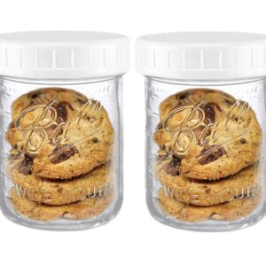 Wide Mouth Mason Jars 16 oz - (2 Pack) - Ball Wide Mouth 16-Ounces Pint Mason Jars with White M.E.M Food Storage Plastic Lids, Caps Fit Ball and Kerr Wide Mouth - For Storage, Freezing, Leak Proof,