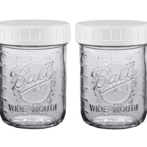 Wide Mouth Mason Jars 16 oz - (2 Pack) - Ball Wide Mouth 16-Ounces Pint Mason Jars with White M.E.M Food Storage Plastic Lids, Caps Fit Ball and Kerr Wide Mouth - For Storage, Freezing, Leak Proof,