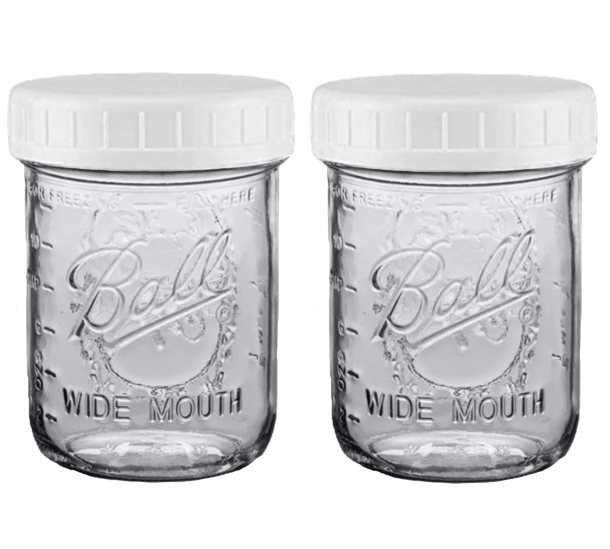 Wide Mouth Mason Jars 16 oz - (2 Pack) - Ball Wide Mouth 16-Ounces Pint Mason Jars with White M.E.M Food Storage Plastic Lids, Caps Fit Ball and Kerr Wide Mouth - For Storage, Freezing, Leak Proof,