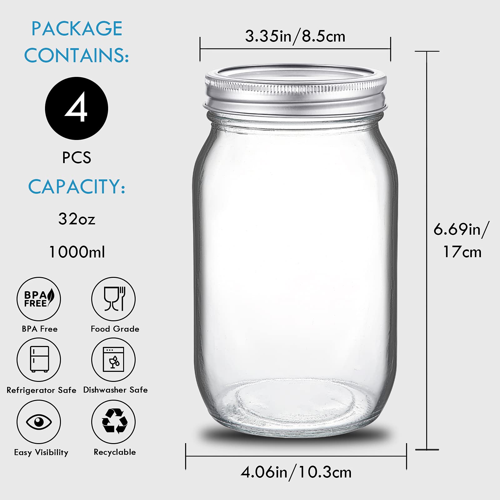 YEBODA 4 Pack Wide Mouth Mason Jars 32oz Glass Canning Jars with Airtight Lids and Bands for Preserving, Jam, Honey, Jelly, Wedding Favors, Sauces, Meal Prep, Overnight Oats, Salad, Yogurt