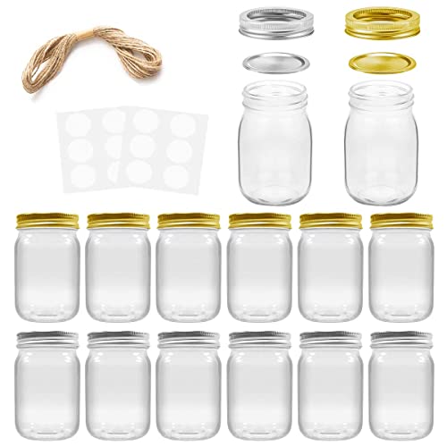 Mason Jars 16 oz with Lids, SPANLA Pint Canning Jars with Regular Lids and Bands,16 oz Glass Jars Ideal for Jam, Honey, Wedding Favors, Shower Favors, Baby Foods, 12 PACK, 12 Whiteboard Labels