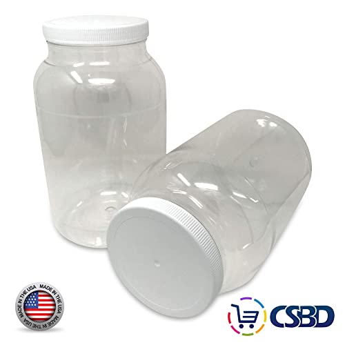 CSBD 1-Gallon Clear Plastic Jars With Ribbed Liner Screw On Lids, BPA Free, PET Plastic, Made In USA, Bulk Storage Containers 2-Pack (1-Gallon)