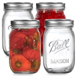 regular mouth mason jars 16 oz. (4 pack) - pint size jars with airtight lids and bands for canning, fermenting, pickling, meal prep, or diy decors and projects bundled with jar opener