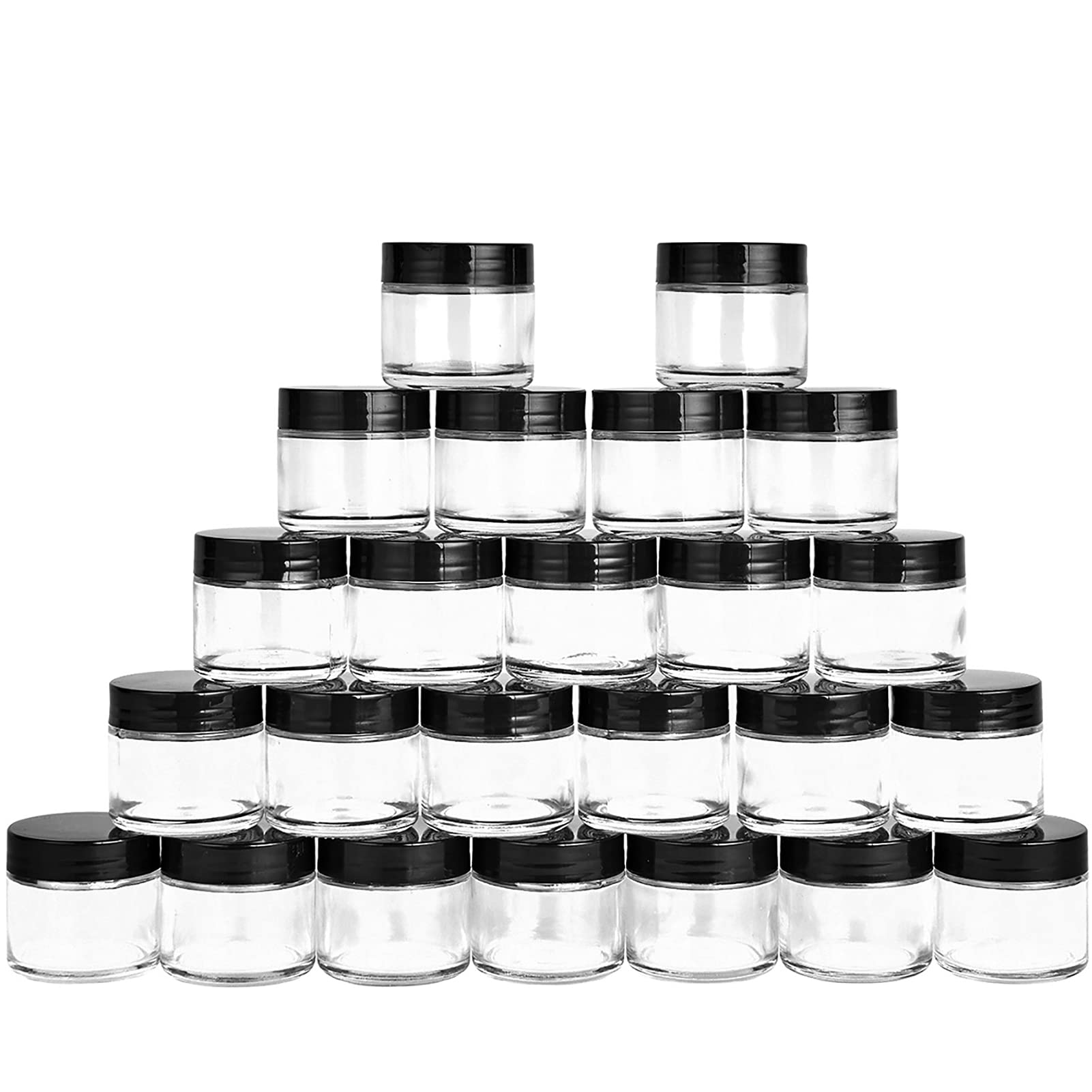 2oz Glass Jars 24 Pack, Hoa Kinh Mini Round Clear Glass Jars with Inner Liners and Black Lids, Perfect for Storing Lotions, Powders and Ointments.