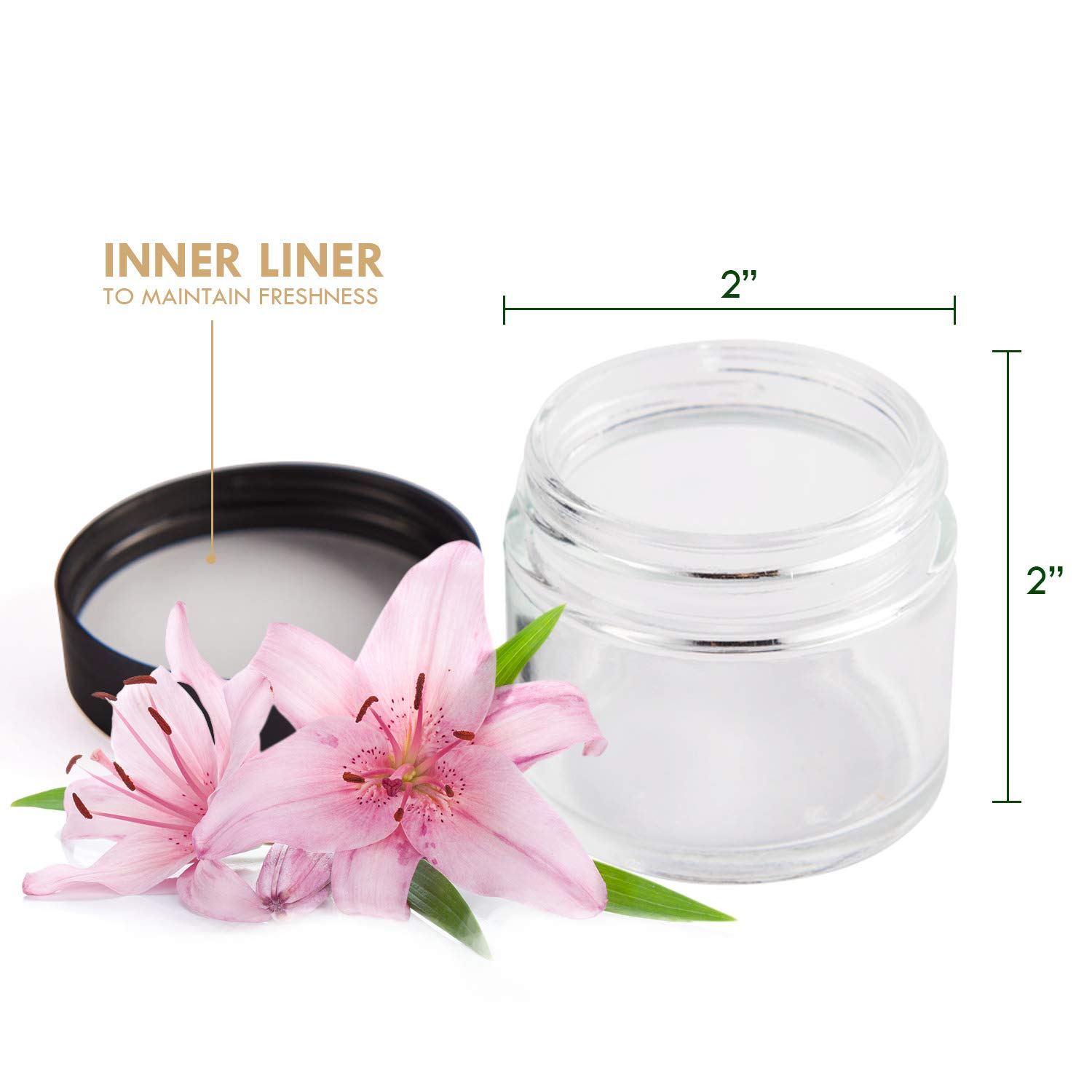 2oz Glass Jars 24 Pack, Hoa Kinh Mini Round Clear Glass Jars with Inner Liners and Black Lids, Perfect for Storing Lotions, Powders and Ointments.