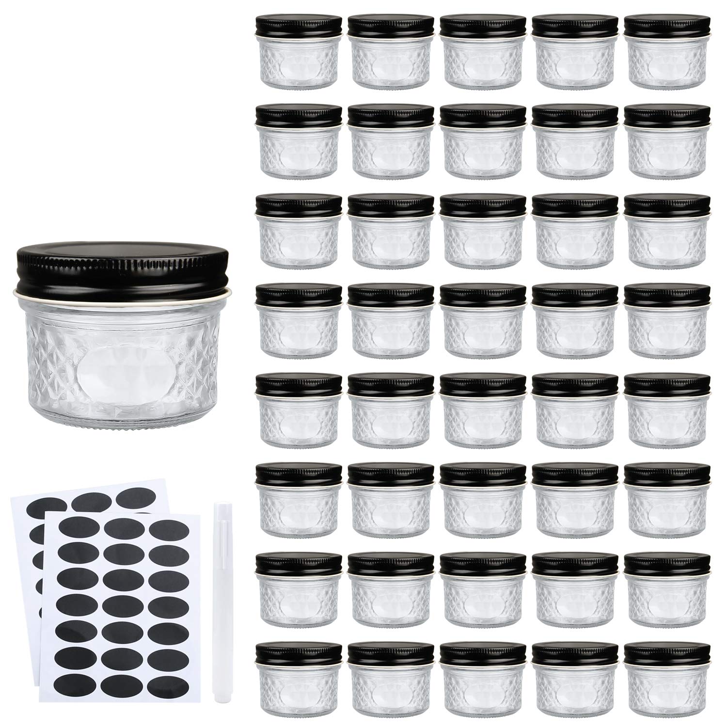 QAPPDA 4 oz Glass Jars With Lids（Black）,Small Clear Canning Jars For Caviar,Herb,Jelly,Jams,Mini Wide Mouth Mason Jars Spice Jars For Kitchen Storage Preserving Food And Party Favors 40 Pack ……