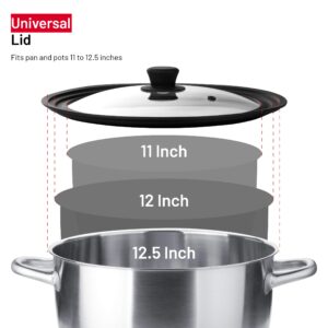 Bezrat Universal Round Lid for Pans, Pots and Skillets Vented Tempered Glass - Graduated Rim Fits 11", 12", 12.5 inch Cookware – Heat Resistant Knob – Food Safe - Microwave Safe – Dishwasher Safe