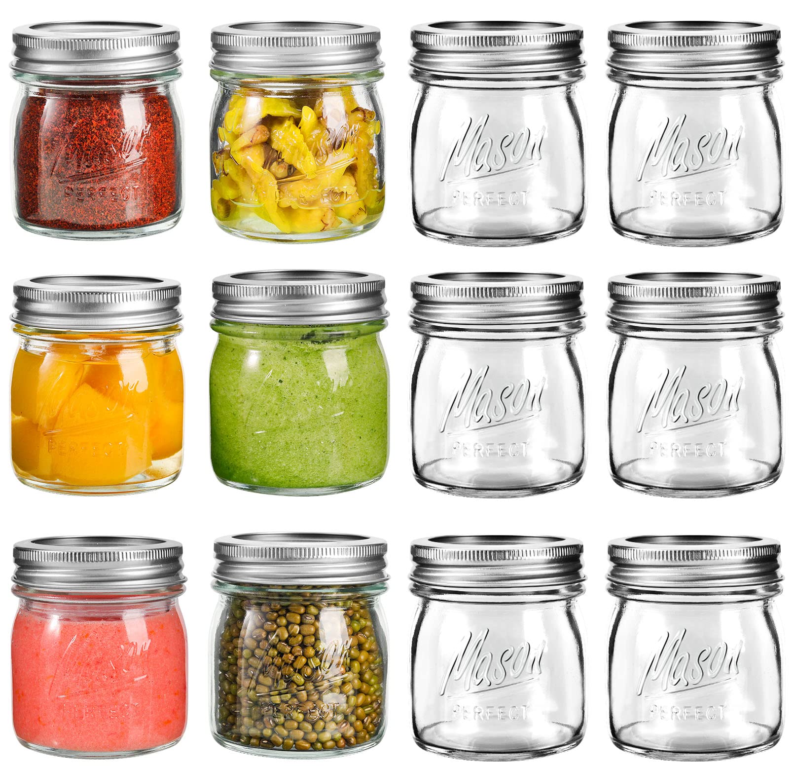 12Pack Mason Jars 8oz with Airtight Lids and Bands - Regular Mouth Glass Canning Jars, Small Half Pint Mason Jars for Preserving, Pickling, Honey, Jam, Jelly, Kitchen Spice jars, DIY Gift