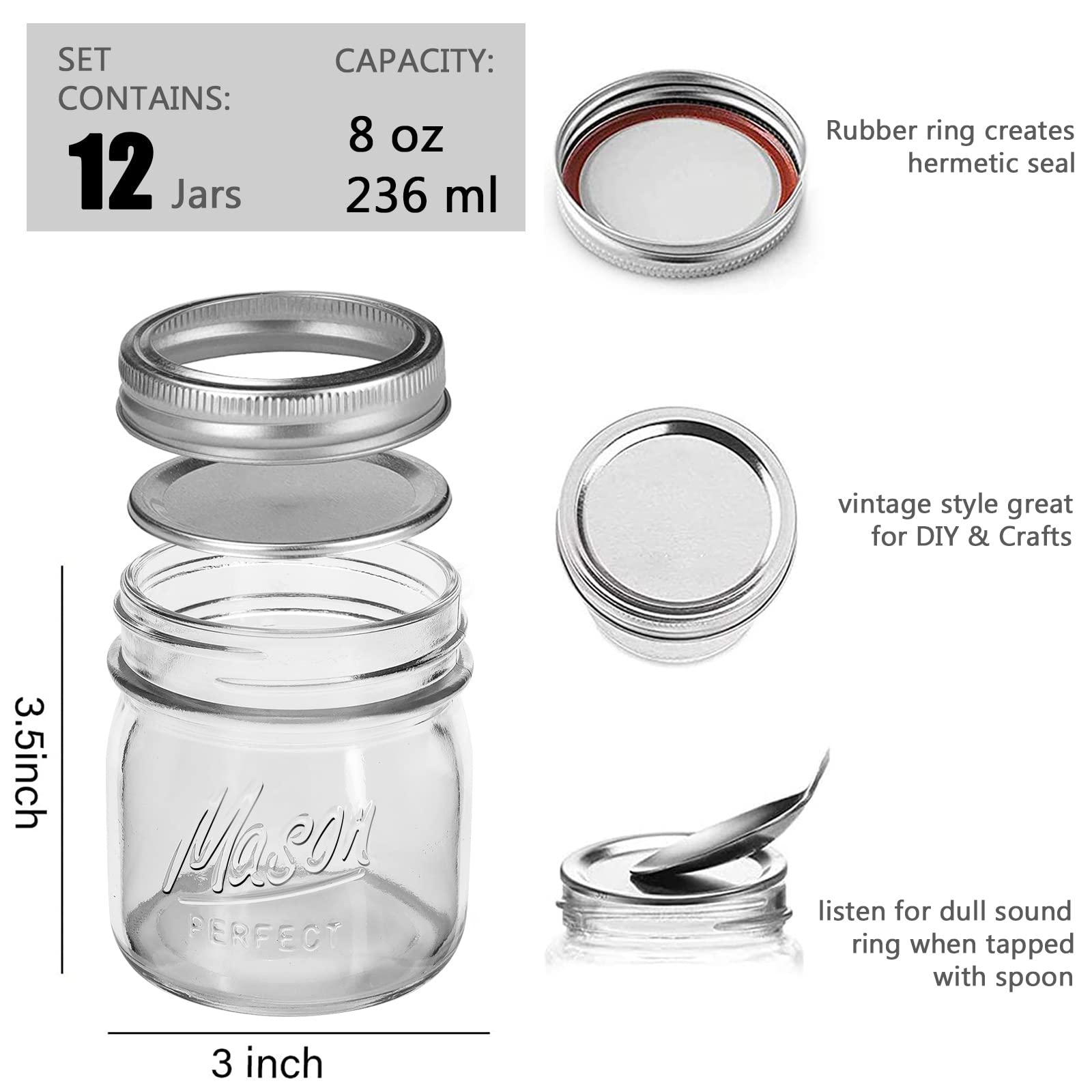 12Pack Mason Jars 8oz with Airtight Lids and Bands - Regular Mouth Glass Canning Jars, Small Half Pint Mason Jars for Preserving, Pickling, Honey, Jam, Jelly, Kitchen Spice jars, DIY Gift