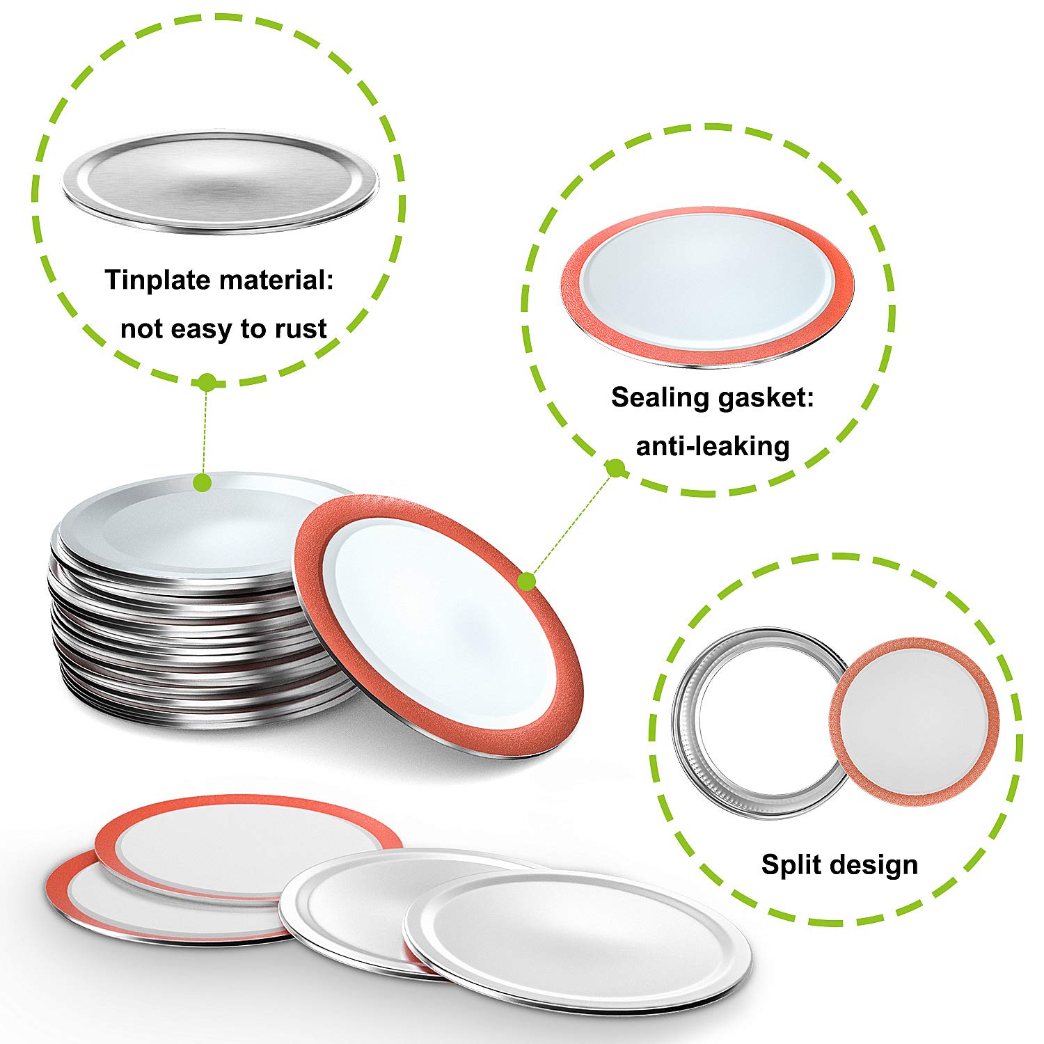 Mason Jar Lids Regular Mouth Canning Lids for Ball, Kerr Jars - 24-Count Split-Type with Leak proof & Airtight Seal Features, Metal Mason Jar Lids for Canning - Food Grade Material, Silver/70 MM