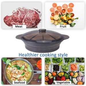 Microwave Steamer Cooker Collapsible Bowl-Silicone Steamer Cookware with Handle Lid for Vegetables Fish Prep Meal Food with Removable Rack BPA Free, Easy to Store, Freezer & Dishwasher Safe, Black