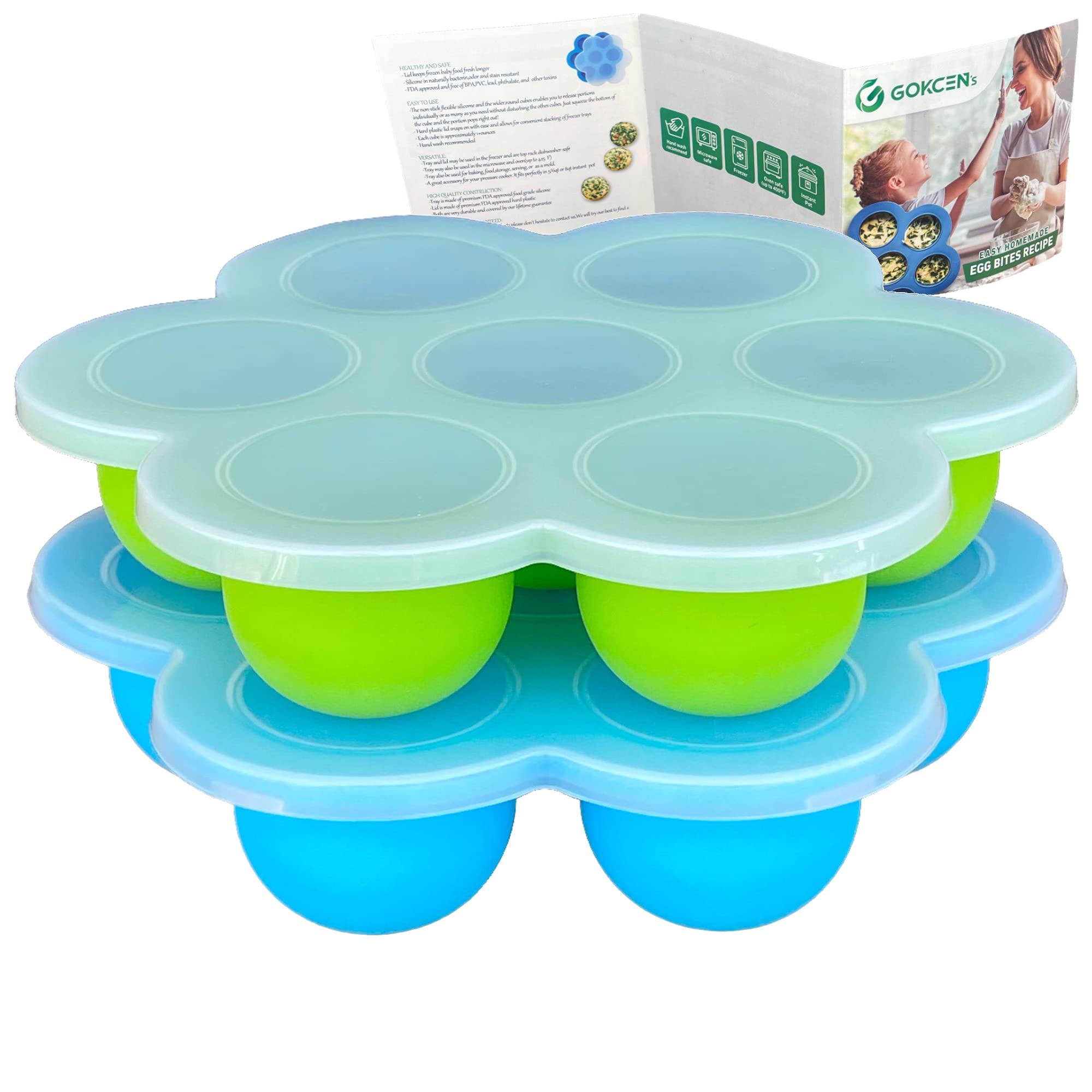 GOKCEN's Silicone Egg Bite Molds [2 Pack] Instant Pot Accessories - Fit Instant Pot 5,6,8 qt Pressure Cooker - Food Freezer Tray with Lid - Reusable Storage Container (Blue & Green - Egg Bite Mold)