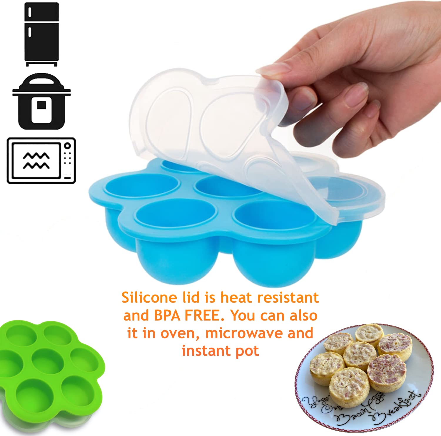 GOKCEN's Silicone Egg Bite Molds [2 Pack] Instant Pot Accessories - Fit Instant Pot 5,6,8 qt Pressure Cooker - Food Freezer Tray with Lid - Reusable Storage Container (Blue & Green - Egg Bite Mold)