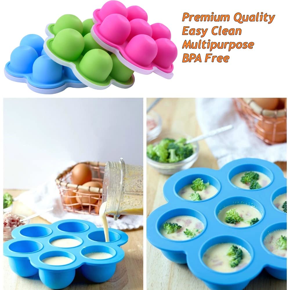 GOKCEN's Silicone Egg Bite Molds [2 Pack] Instant Pot Accessories - Fit Instant Pot 5,6,8 qt Pressure Cooker - Food Freezer Tray with Lid - Reusable Storage Container (Blue & Green - Egg Bite Mold)