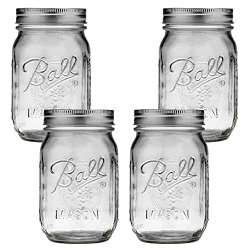 Regular Mouth Mason Jars 16 oz - (4 Pack) - Ball Regular Mouth Pint 16-Ounces Mason Jars With Airtight lids and Bands - For Canning, Fermenting, Pickling, Freezing, Storage + M.E.M Rubber Jar Opener