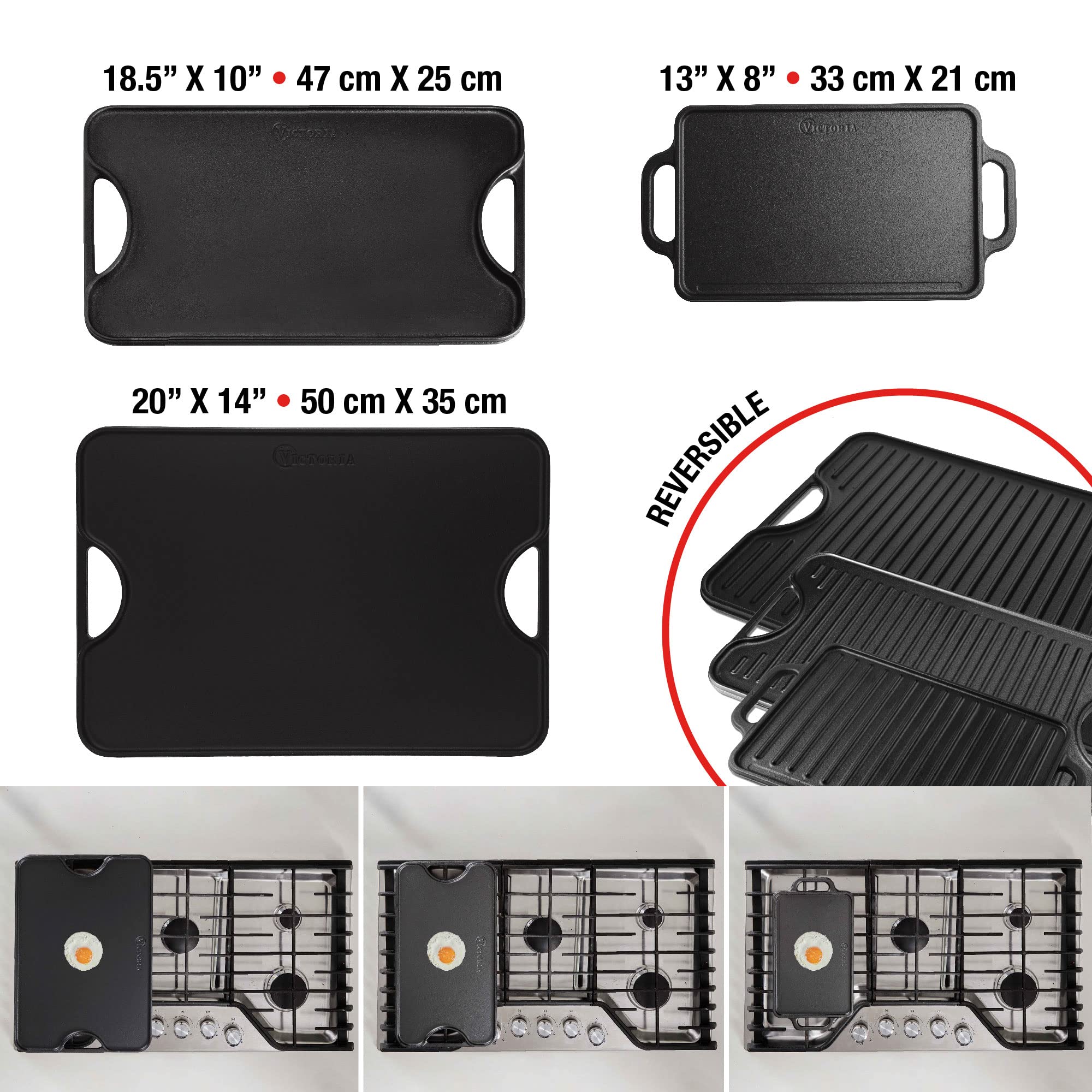 Victoria Rectangular Cast Iron Griddle. Double Burner Griddle, Reversible Griddle Grill, 13 x 8.5 Inch, Seasoned with 100% Kosher Certified Non-GMO Flaxseed Oil, Model: GDL-189