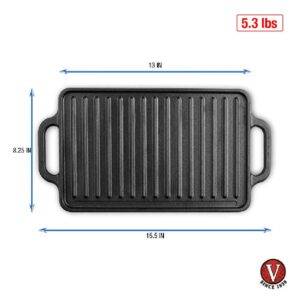 Victoria Rectangular Cast Iron Griddle. Double Burner Griddle, Reversible Griddle Grill, 13 x 8.5 Inch, Seasoned with 100% Kosher Certified Non-GMO Flaxseed Oil, Model: GDL-189