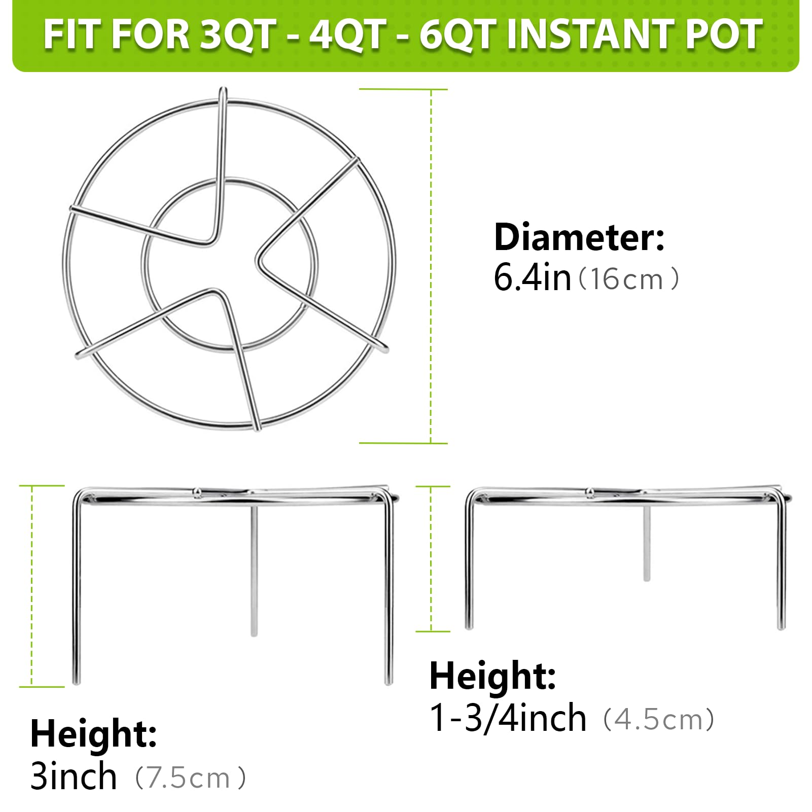 HULISEN Steam Rack, 3" and 1-3/4" Tall Trivet for Instant Pot 3 Qt and 6 Qt, Heavy Duty 18/8 Stainless Steel Steamer Rack Fit Pressure Cooker (6.4" Round - 2Pcs)