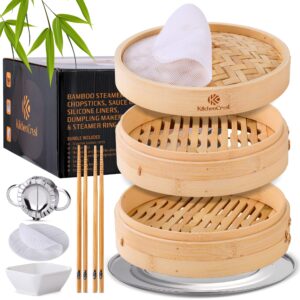 kitchencrust bamboo steamer basket for chinese asian cuisine - 2 tier 10-inch steaming basket bun vegetable steamer, dumpling steamer bamboo steam basket, sauce dish, chopsticks, reusable liners, ring