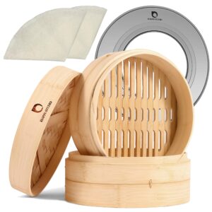 happi studio bamboo steamer basket with steamer ring - 10 inch dumpling steamer basket - large bamboo steamer for cooking bao buns, dim sum - chinese steamer bamboo steam basket - steaming basket