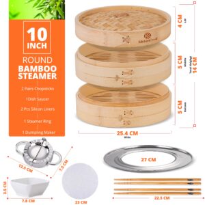 KITCHENCRUST Bamboo Steamer Basket for Chinese Asian Cuisine - 2 Tier 10-Inch Steaming Basket Bun Vegetable Steamer, Dumpling Steamer bamboo steam basket, Sauce Dish, Chopsticks, Reusable Liners, Ring