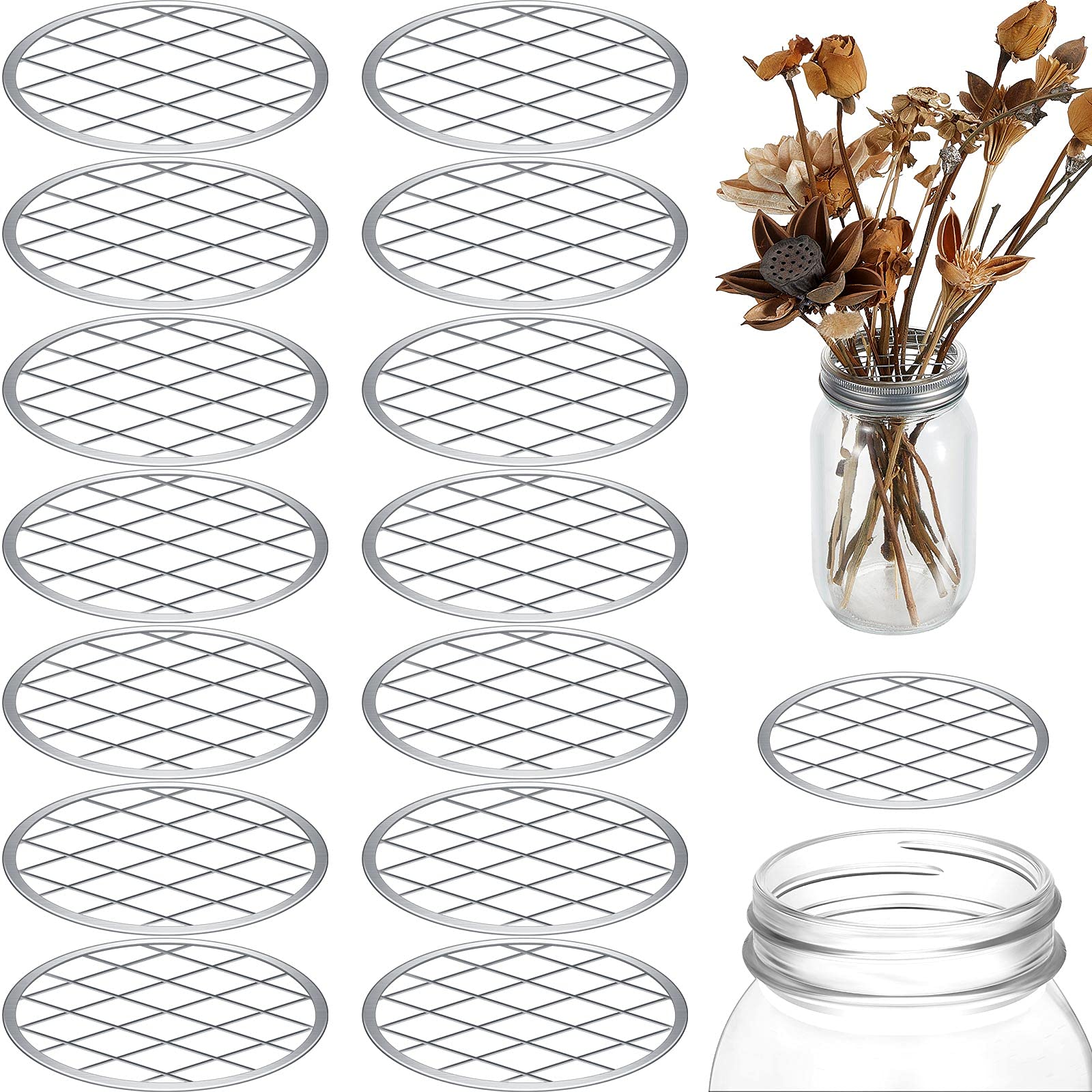 15 Pieces Mason Flower Jar Insert Lid for Wide Mouth Mason Canning Jars Metal Flower Lid Insert Mason Grid Flower Organizer Lid Insert Mason Jar Lids with Straw Hole