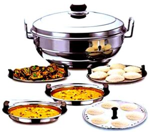 luster premium heavy duty all-in-one stainless steel idli cooker multi kadai steamer with induction bottom pot set includes, big size with 5 plate (2 idli, 2 dhokla, 1patra, silver)