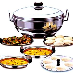 LUSTER Premium Heavy Duty All-in-One Stainless Steel Idli Cooker Multi Kadai Steamer with Induction Bottom Pot Set Includes, Big Size with 5 Plate (2 Idli, 2 Dhokla, 1Patra, Silver)