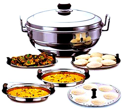 LUSTER Premium Heavy Duty All-in-One Stainless Steel Idli Cooker Multi Kadai Steamer with Induction Bottom Pot Set Includes, Big Size with 5 Plate (2 Idli, 2 Dhokla, 1Patra, Silver)