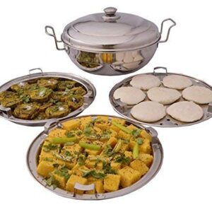 LUSTER Premium Heavy Duty All-in-One Stainless Steel Idli Cooker Multi Kadai Steamer with Induction Bottom Pot Set Includes, Big Size with 5 Plate (2 Idli, 2 Dhokla, 1Patra, Silver)