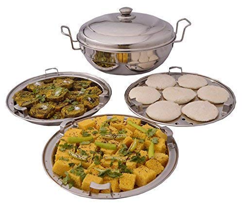 LUSTER Premium Heavy Duty All-in-One Stainless Steel Idli Cooker Multi Kadai Steamer with Induction Bottom Pot Set Includes, Big Size with 5 Plate (2 Idli, 2 Dhokla, 1Patra, Silver)